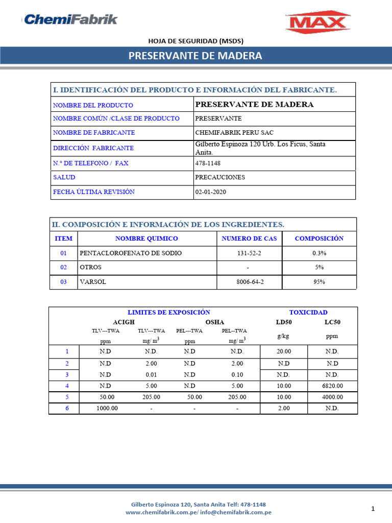 101.MSDS-Preservante de Madera MAX | PDF | Agua | Solubilidad