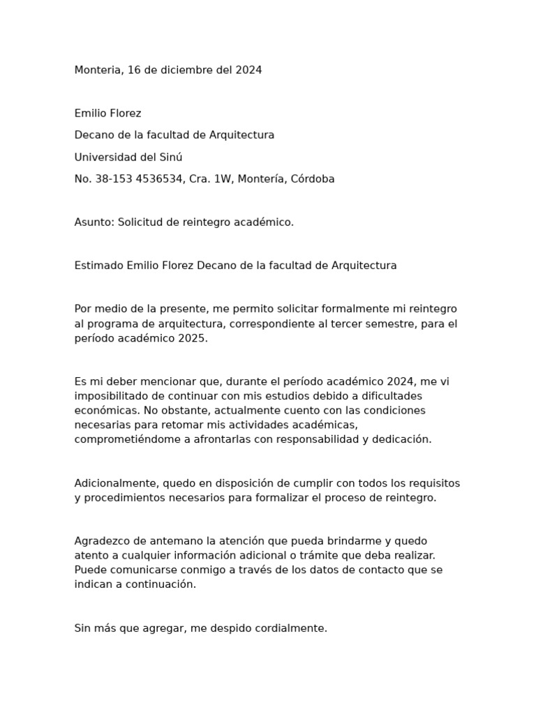 Solicitud de Reintegro Académico 2025 | PDF