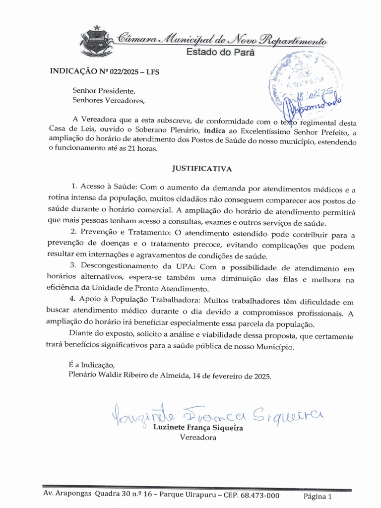 IND. 022-2025 - LFS - Estender Os Horários de Funcionamento Dos PS Até As 21 Horas | PDF