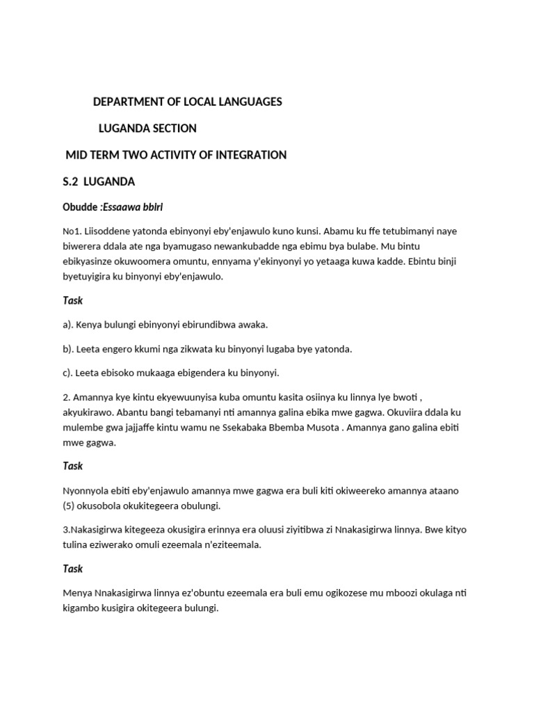 s.2 Luganda Languages | PDF