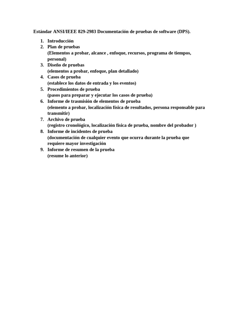 Estándar ANSI IEEE 829 2983 Documentación de Pruebas de Software DPS | PDF