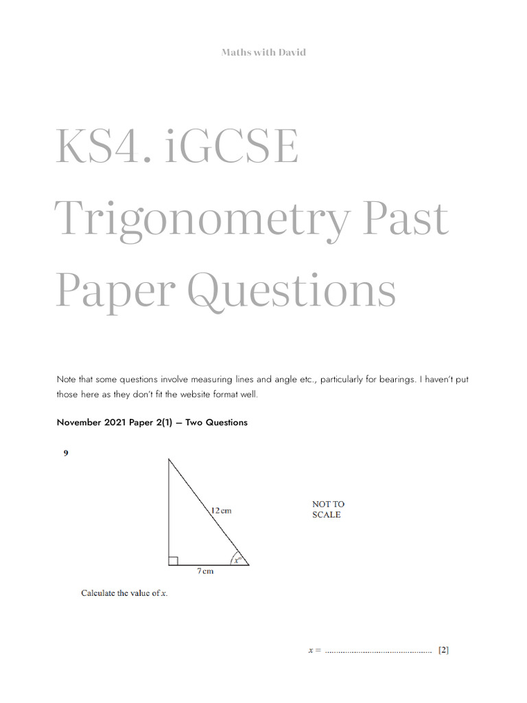 KS4. iGCSE Trigonometry Past Paper Questions - Maths With David | PDF