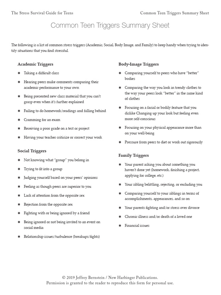 Common Teen Triggers Summary Sheet | PDF | Adolescence | Social Psychology