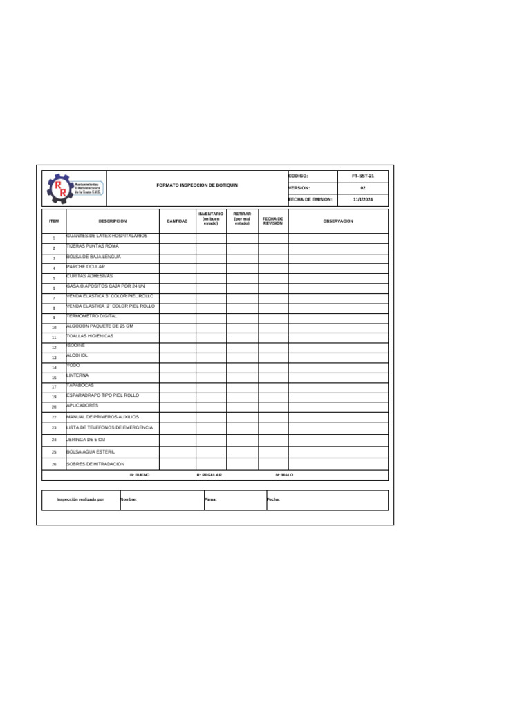 Ft-sst-21 Formato de Inspeccion de Botiquin | PDF