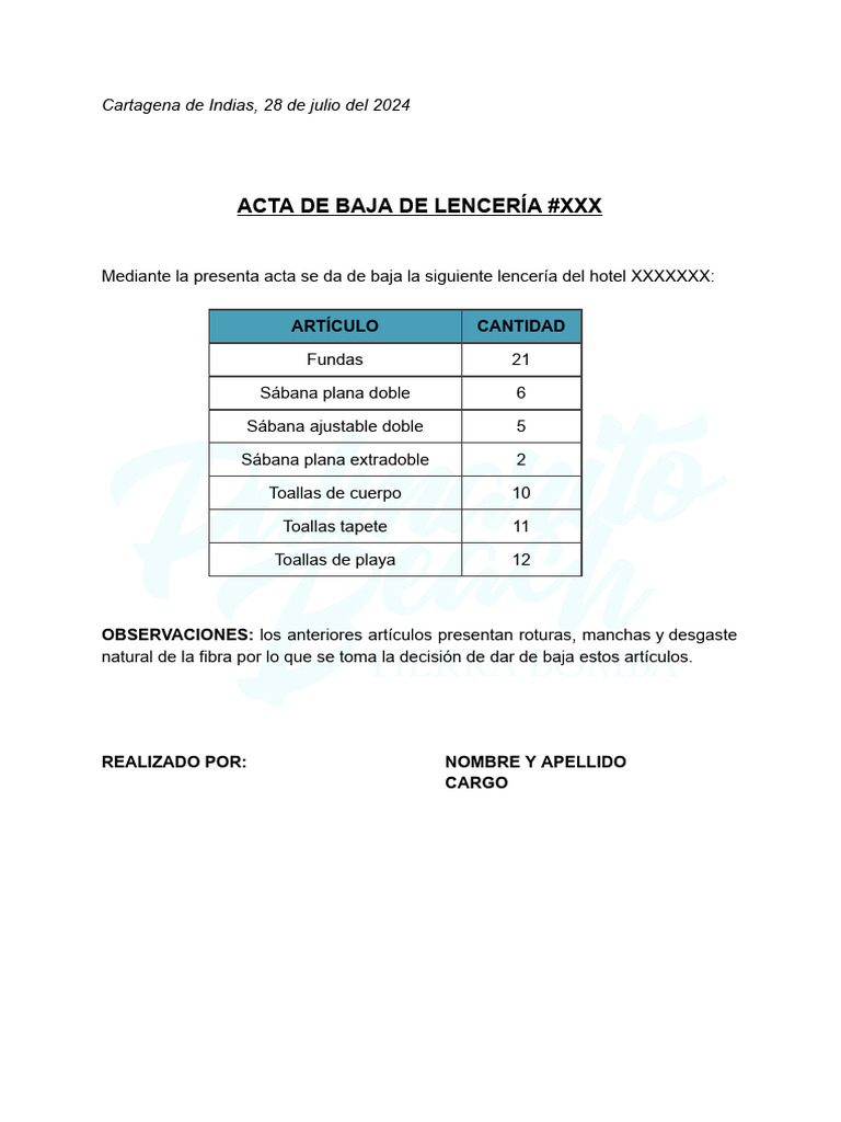 Acta de Baja de Lenceria Hotel | PDF