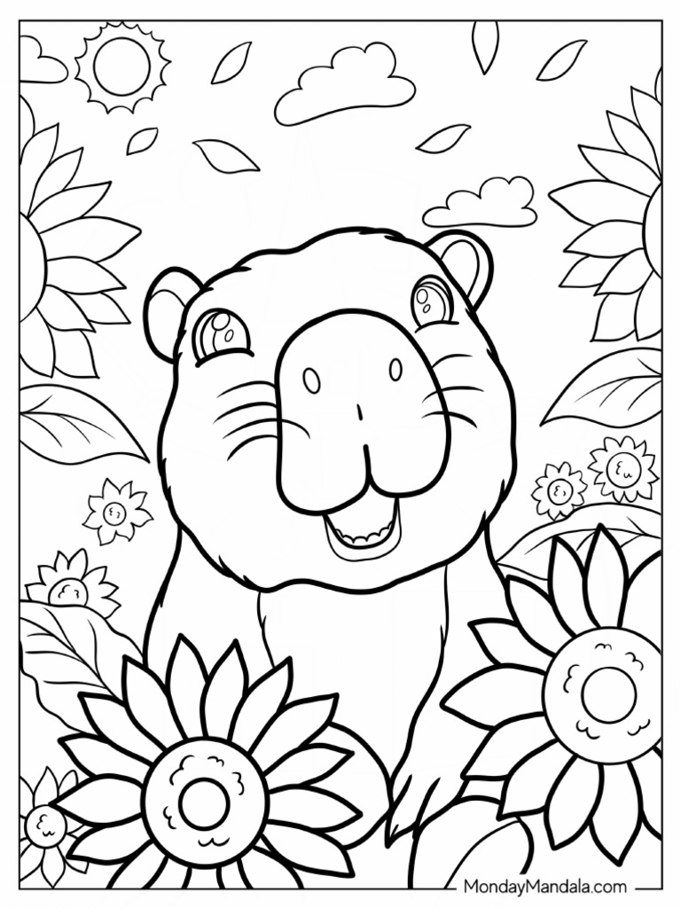 Cute Capybara With Flowers Coloring Page For Kids | PDF
