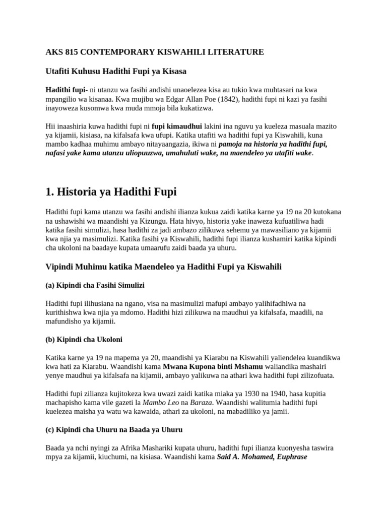 Utafiti Kuhusu Hadithi Fupi ya Kisasa-AKS 815 | PDF