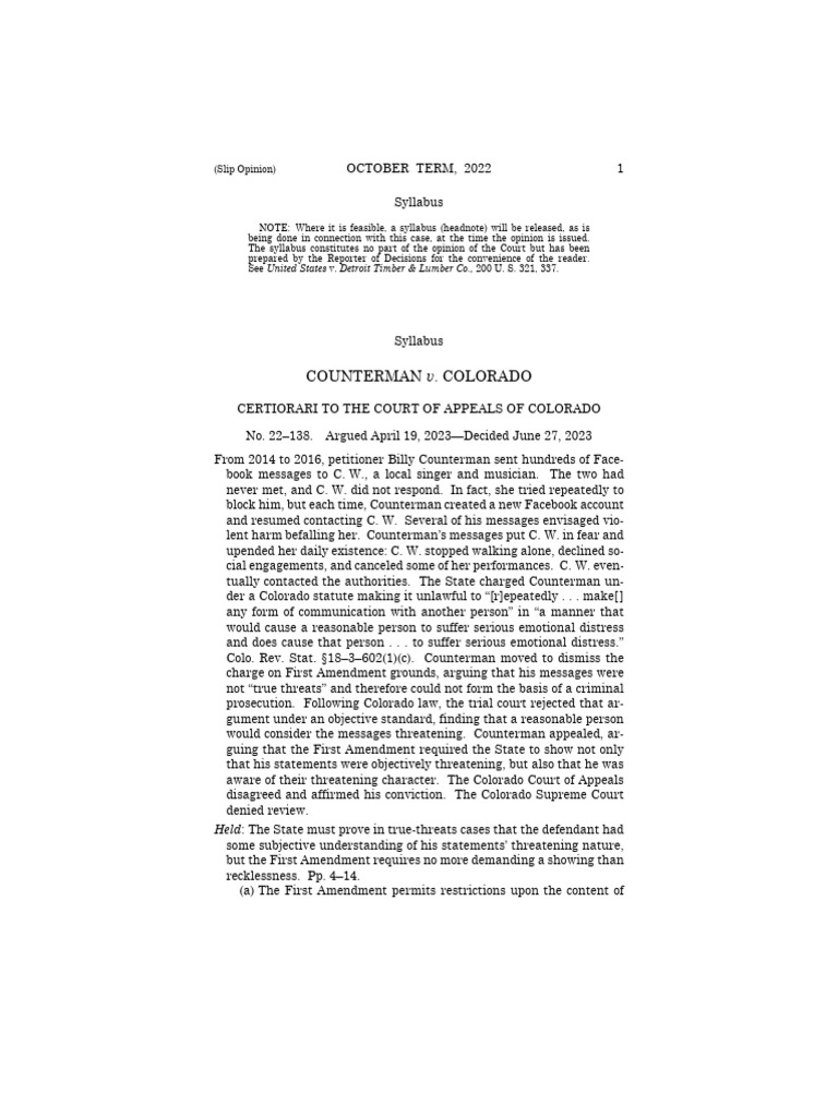 Supreme Court of The United States: Counterman - Colorado | PDF | First ...
