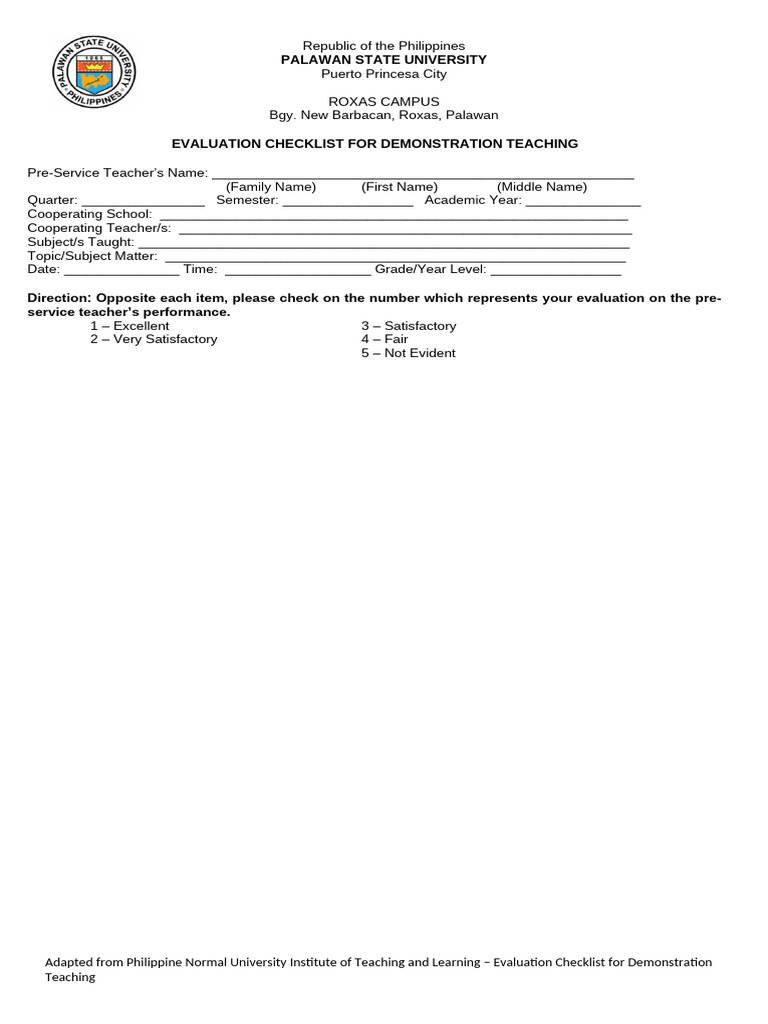 Evaluation Checklist For Demo Teaching | PDF | Learning | Lesson Plan