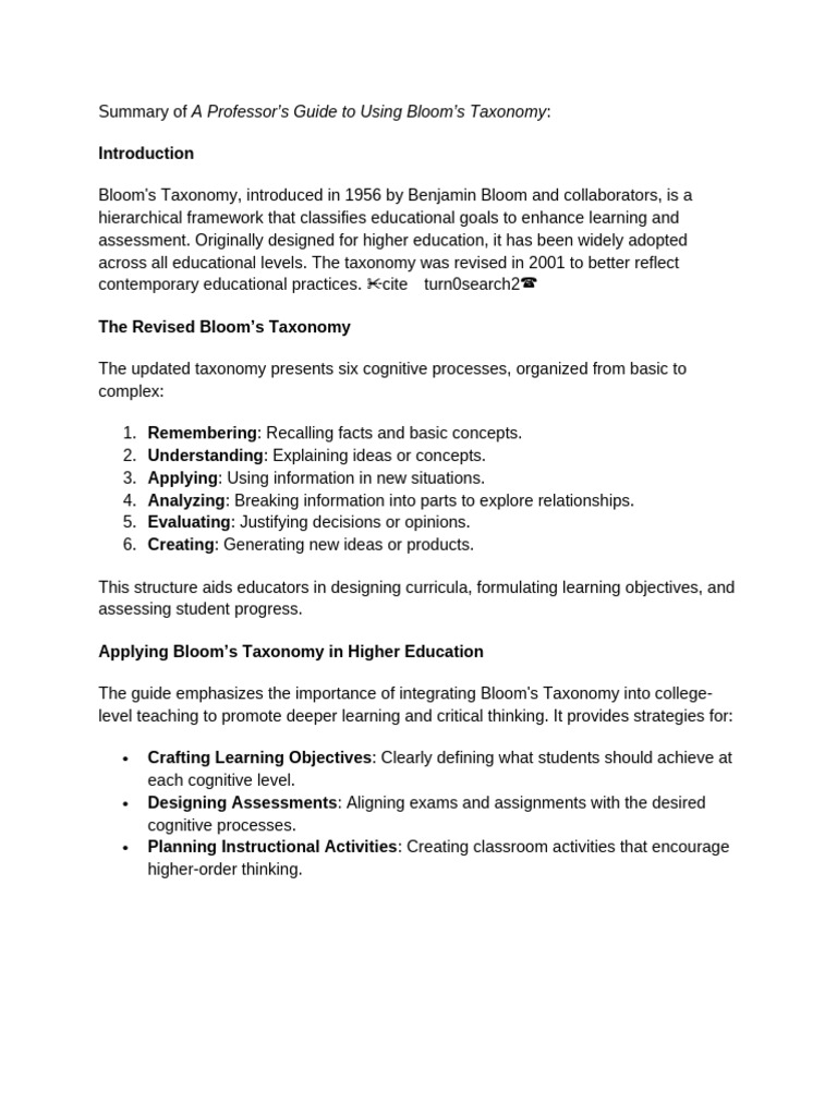 Summary of A Professor Bloom | PDF | Learning | Critical Thinking