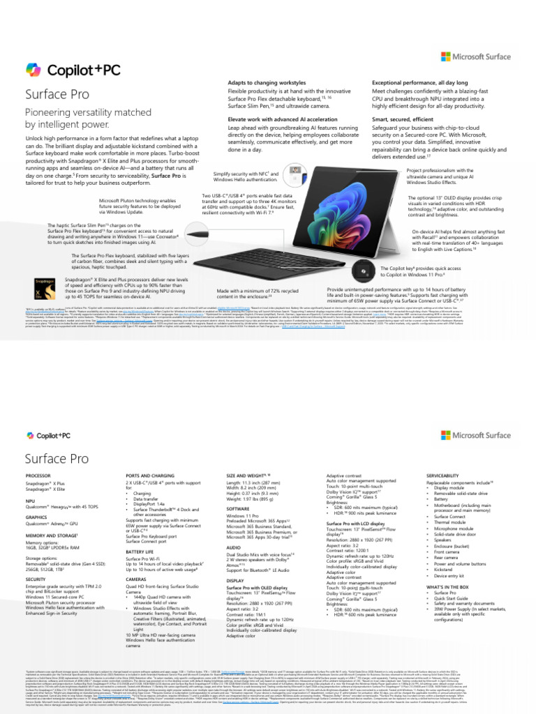 pc-surface-pro-copilot-plus-x-elite-16-512go-fiche-technique-1 | PDF | Computing | Computer Hardware