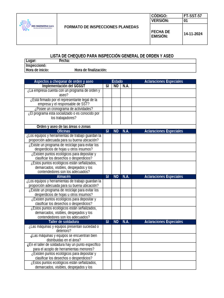 FT-SST-57 Formato de Inspecciones Planeadas | PDF | Residuos | Higiene