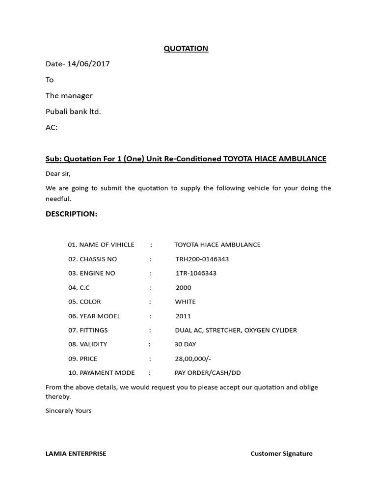 Date-14/06/2017 To The Manager Pubali Bank Ltd. AC:: Quotation | PDF