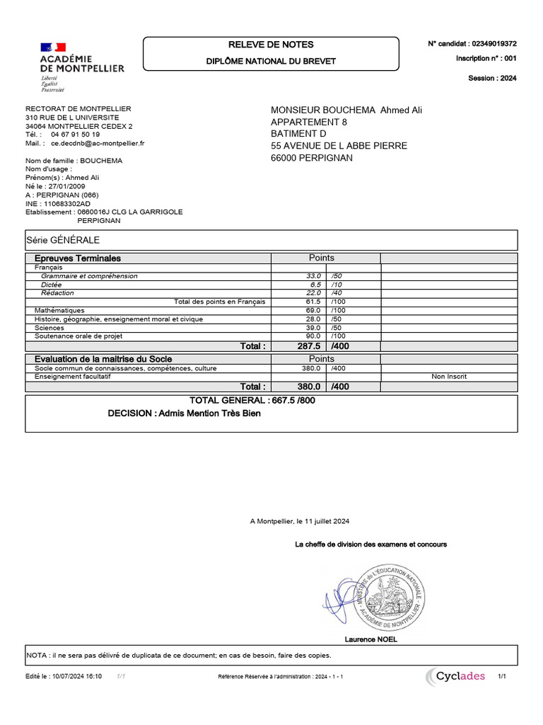 Relevé de notes Brevet 2024 - Ahmed Ali | PDF | Niveaux d'enseignement ...