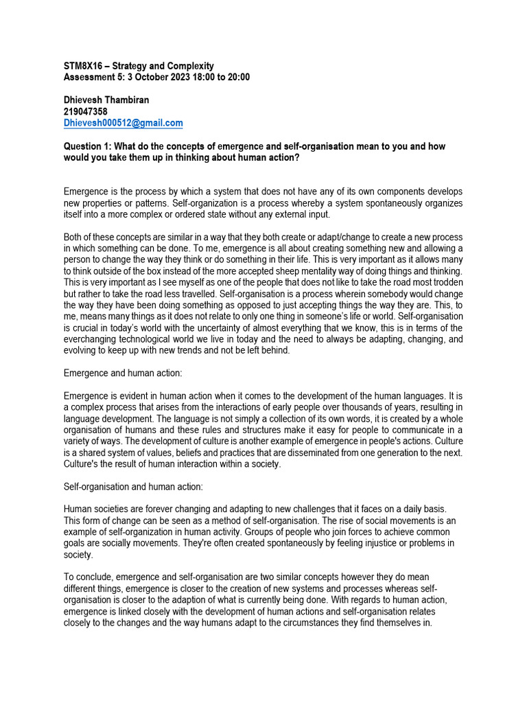 Strategy and Complexity Assessment 5 | PDF | Self Organization | Emergence