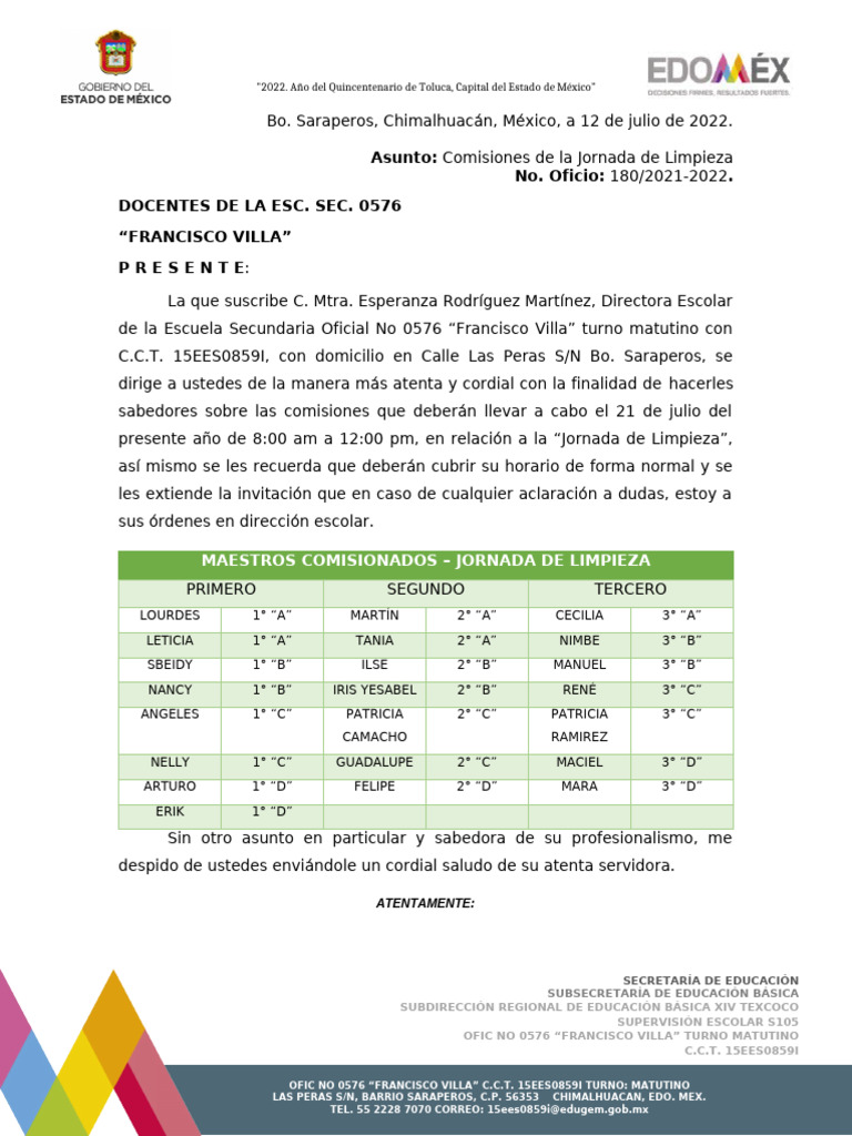Oficio 180 - Comisiones Jornada de Limpieza | PDF