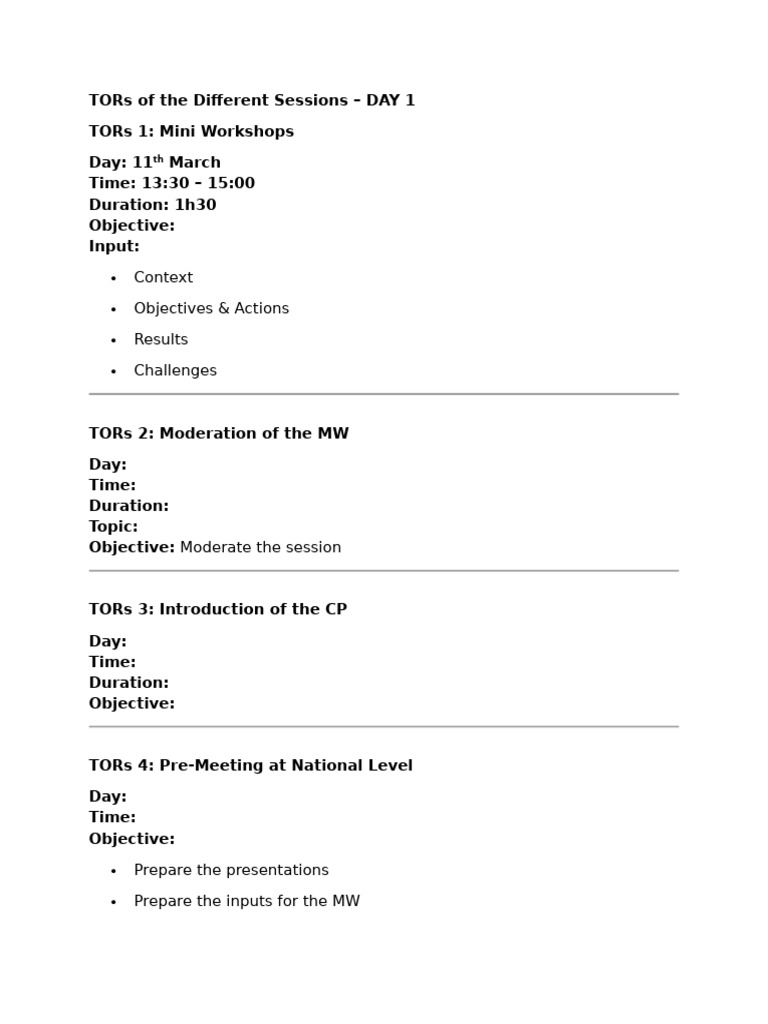 TORs of the Different Sessions | PDF