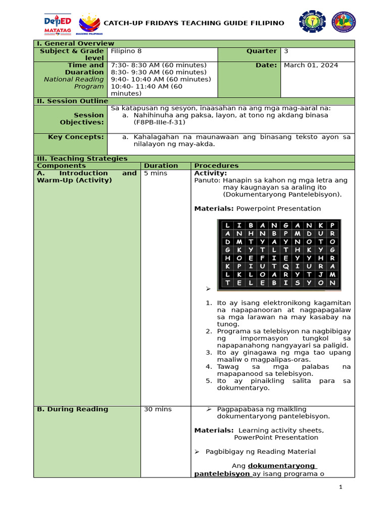 March 1 AM PM Teaching Guide Catchup FILIPINO 8 Values Ed | PDF