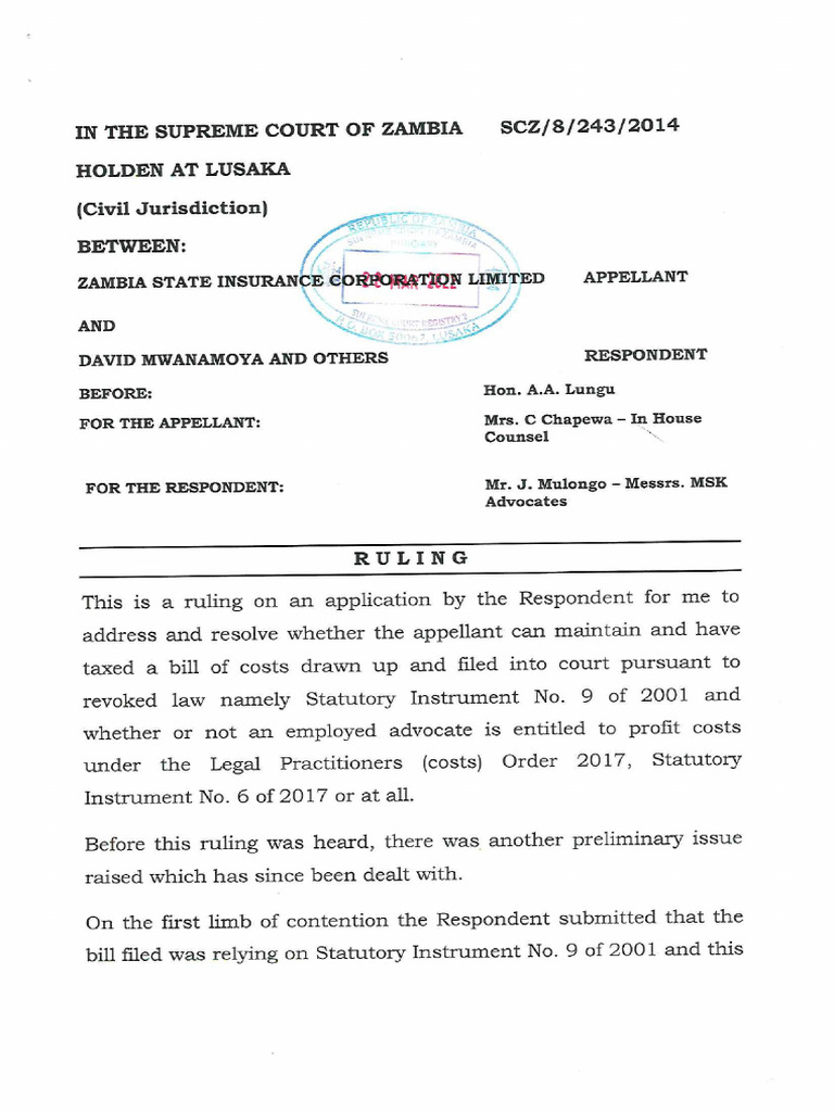 Zambia State Insurance Corporation V LTD V Mwanamoya and Ors (SCZ 8 243 ...