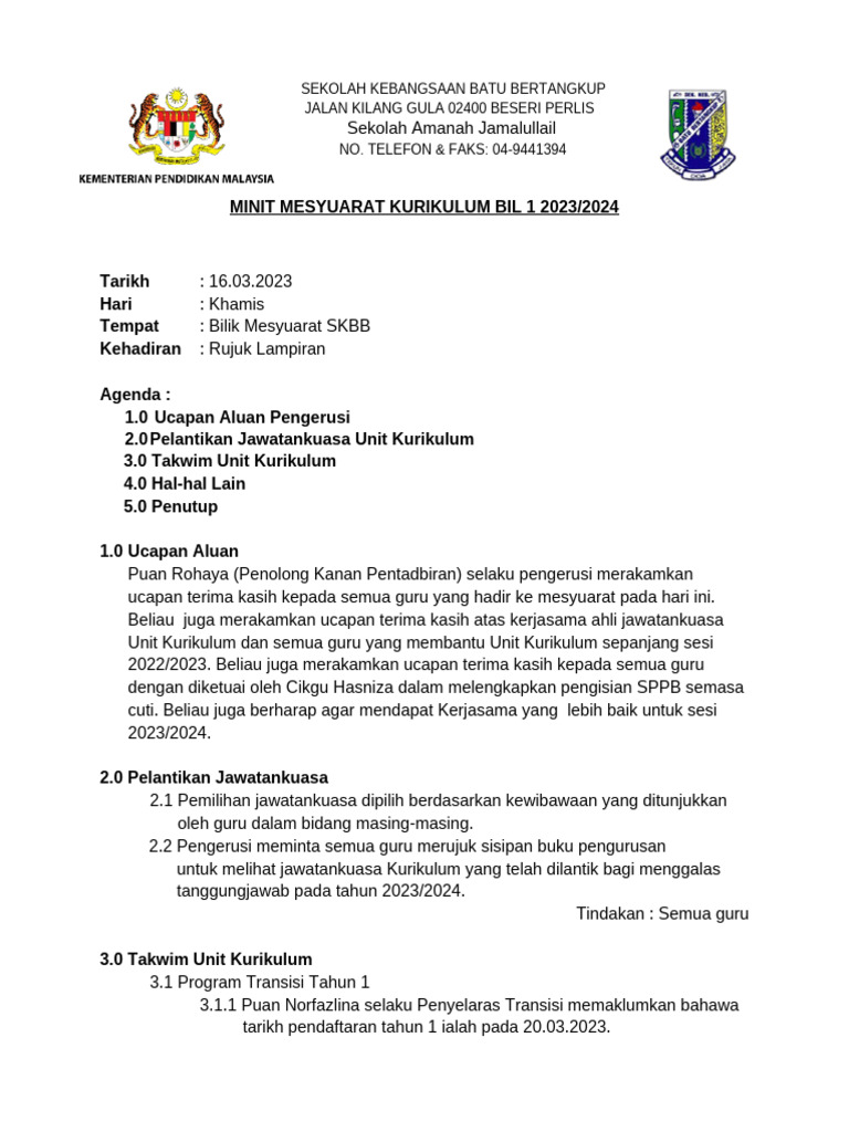 Minit Mesyuarat Bil 1 2023-2024 | PDF