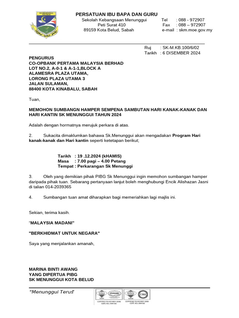 Surat Memohon Hamper Kepada Co-Op Bank | PDF