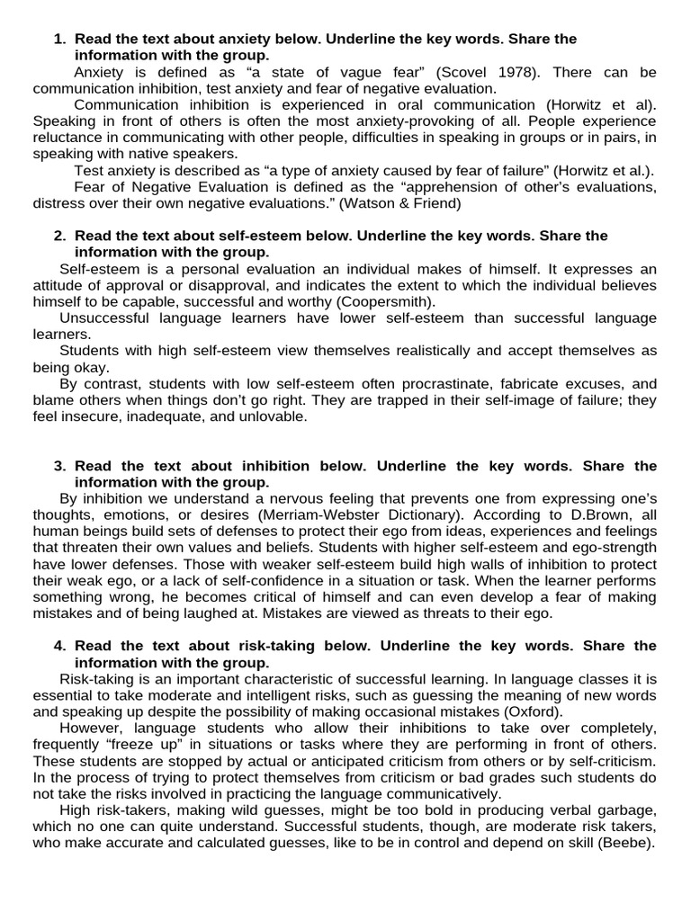 Un1_3 Affective factors HO2 (1-4) (adapted) | PDF | Self Esteem | Anxiety