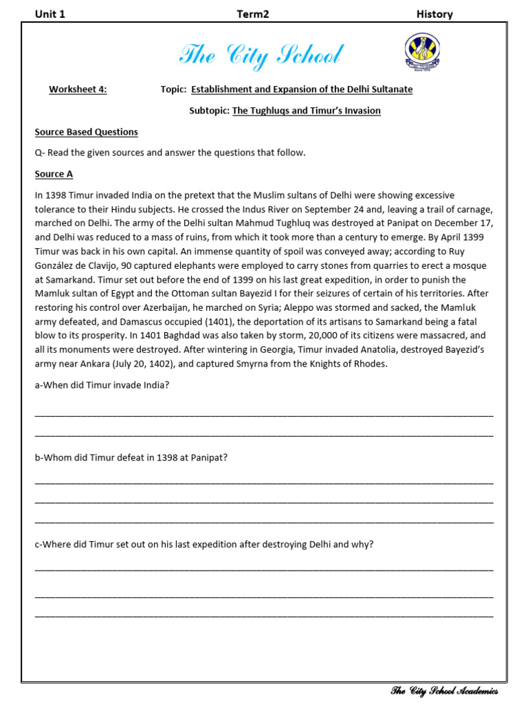 Worksheet 4-The Tughluqs-Timur's Invasion | PDF