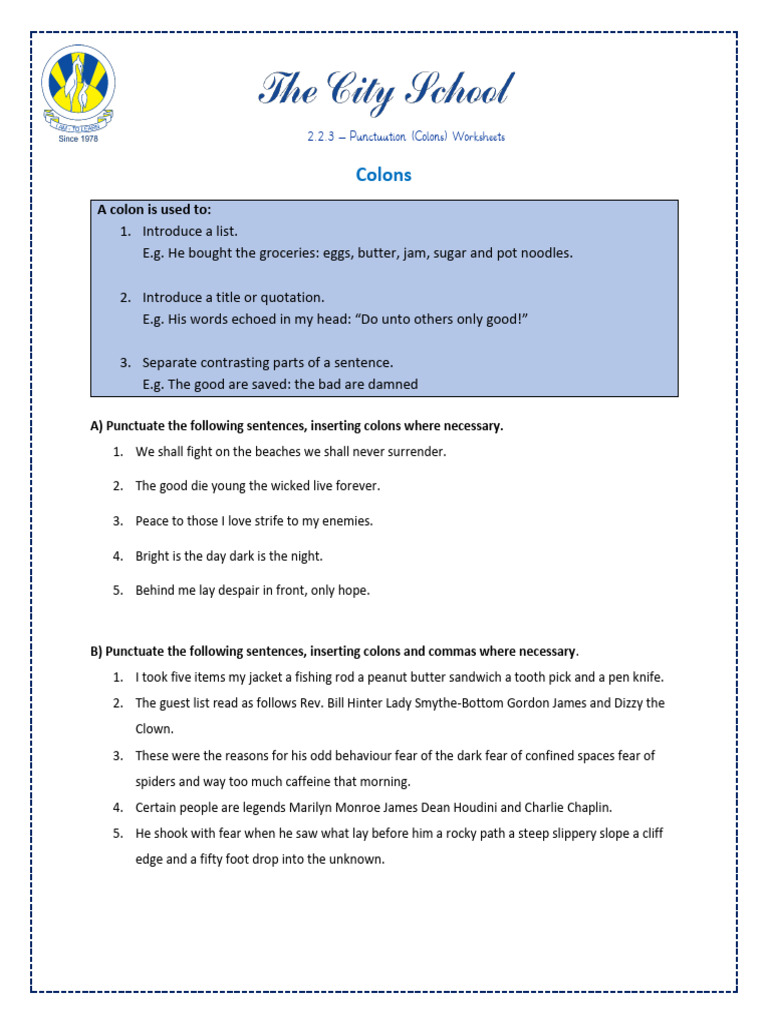 2.2.3 - Punctuation (Colons) Worksheets | PDF