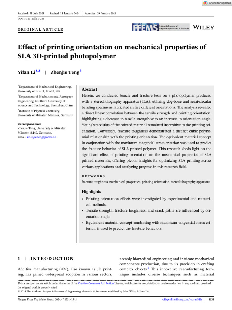 Fatigue Fract Eng Mat Struct - 2024 - Li - Effect of printing orientation on mechanical ...