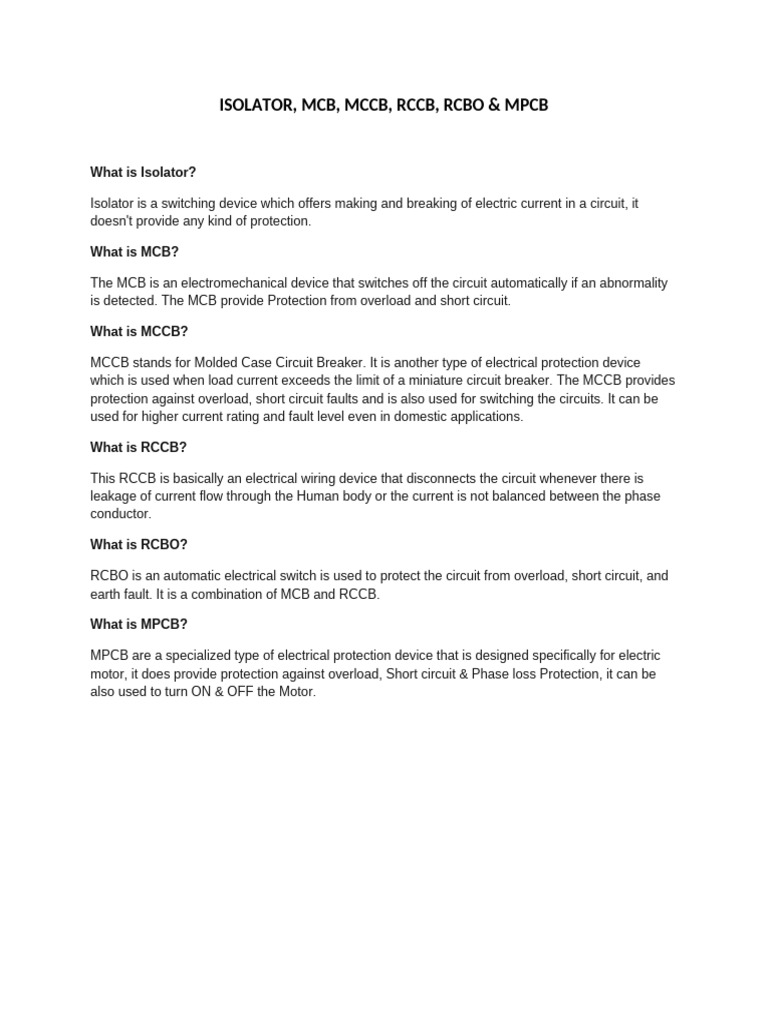 Isolator, MCB, MCCB, RCCB, Rcbo & MPCB | PDF