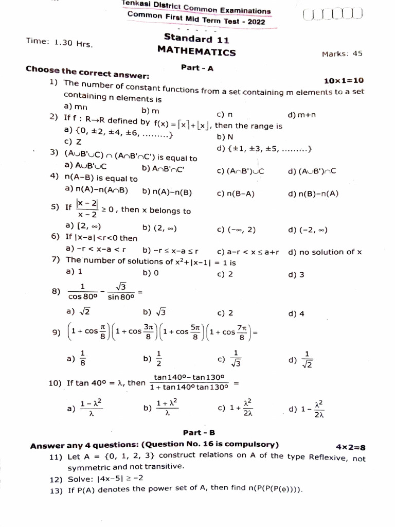 11th Maths 1st Mid Term Exam 2022 Question Paper Tenkasii District English Medium PDF Download | PDF