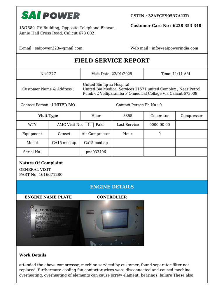 Field Service Report for Compressor & Genset | PDF | Power (Physics ...