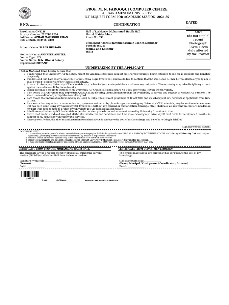 AMU WiFi Continuation Form 2024-25 | PDF | Government | Justice