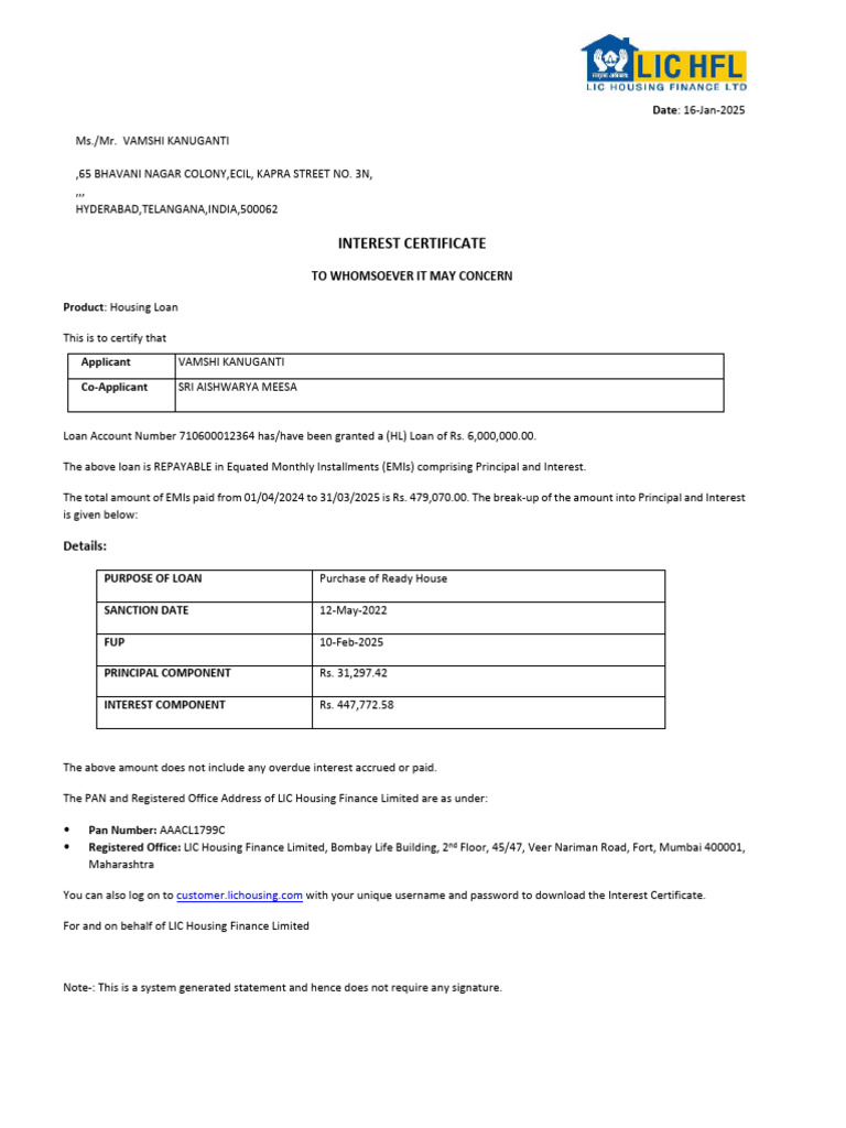 Housing Loan Interest Certificate 2025 | PDF