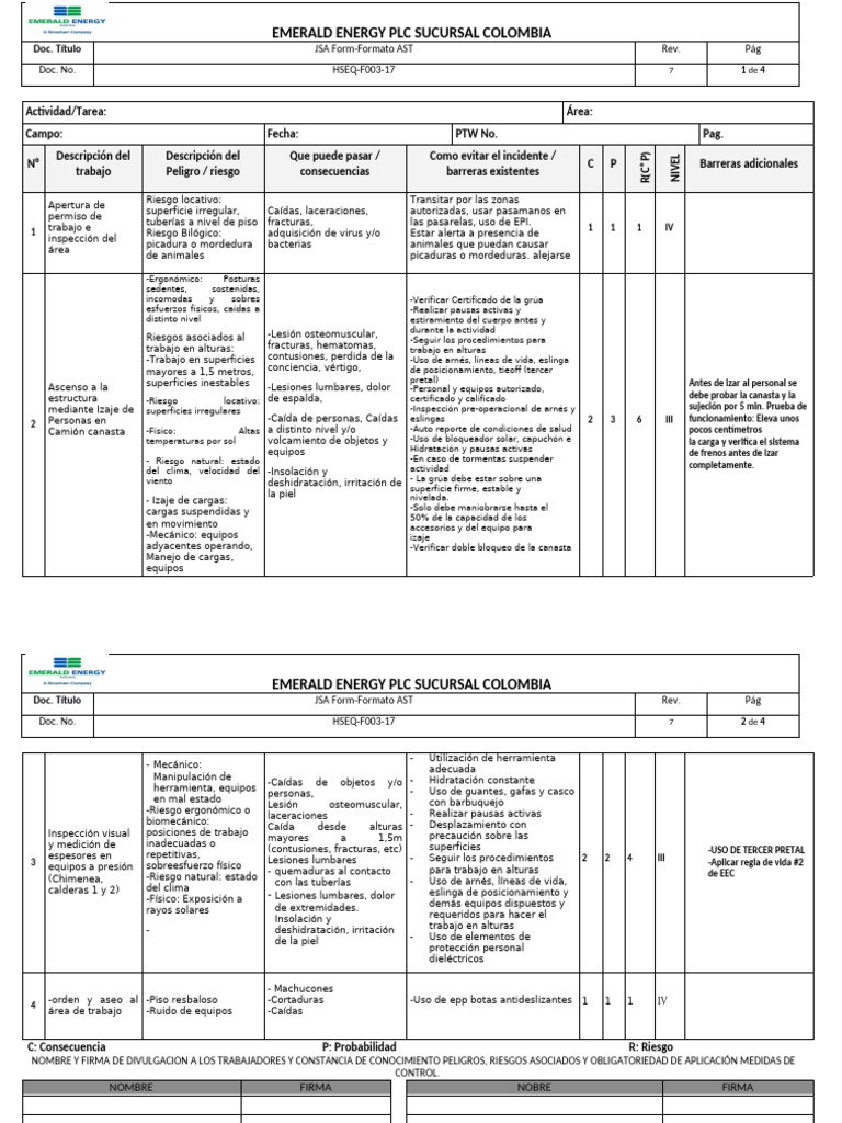 HSEQ-F003-17 JSA Form - Formato AST Medición de Espesores | PDF