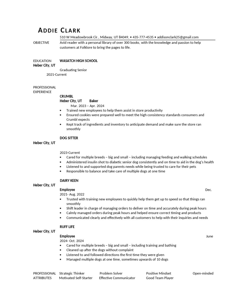 Addie Clark Resume 1.25 Folklore | PDF