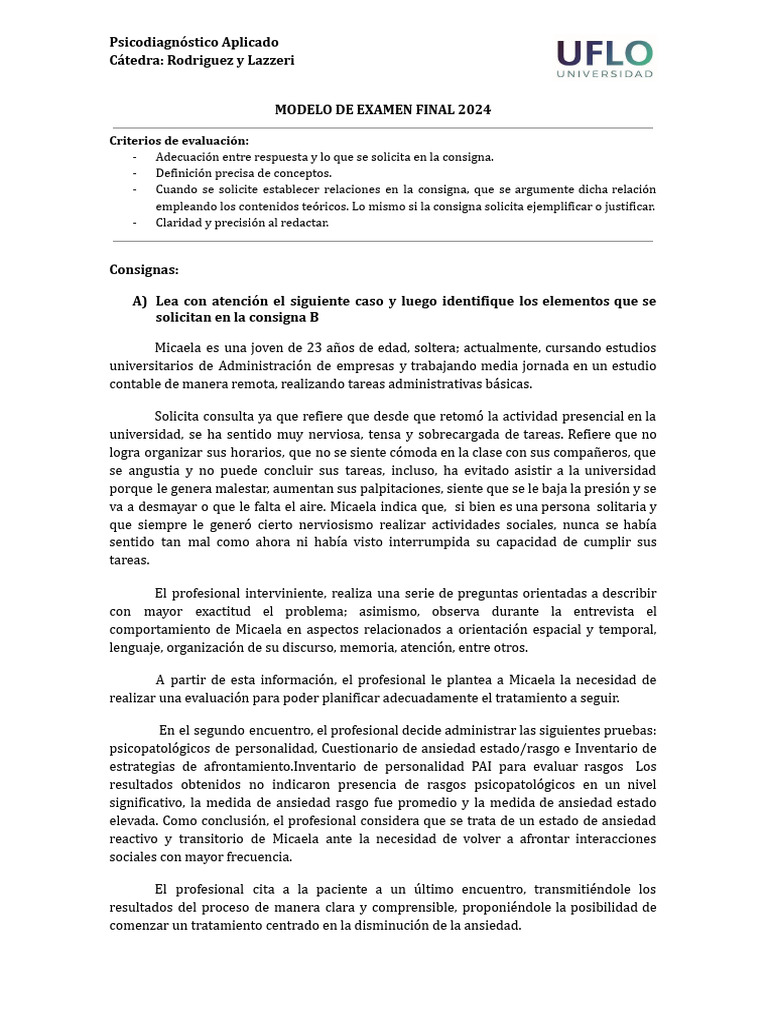 MODELO DE EXAMEN FINAL 2024.docx | PDF | Ansiedad | Evaluacion psicologica