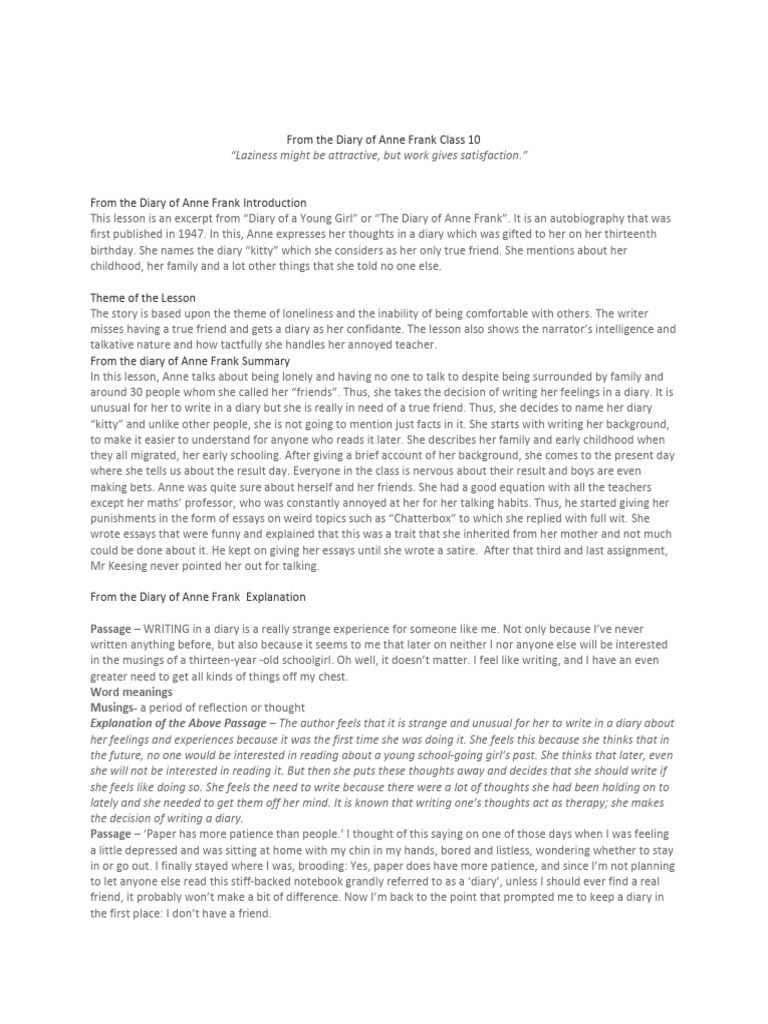 Class 10 From The Diary of Anne Frank | PDF | Poetry | Essays