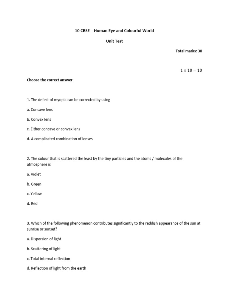 Human Eye Unit Test for Class 10 | PDF | Eye | Human Eye