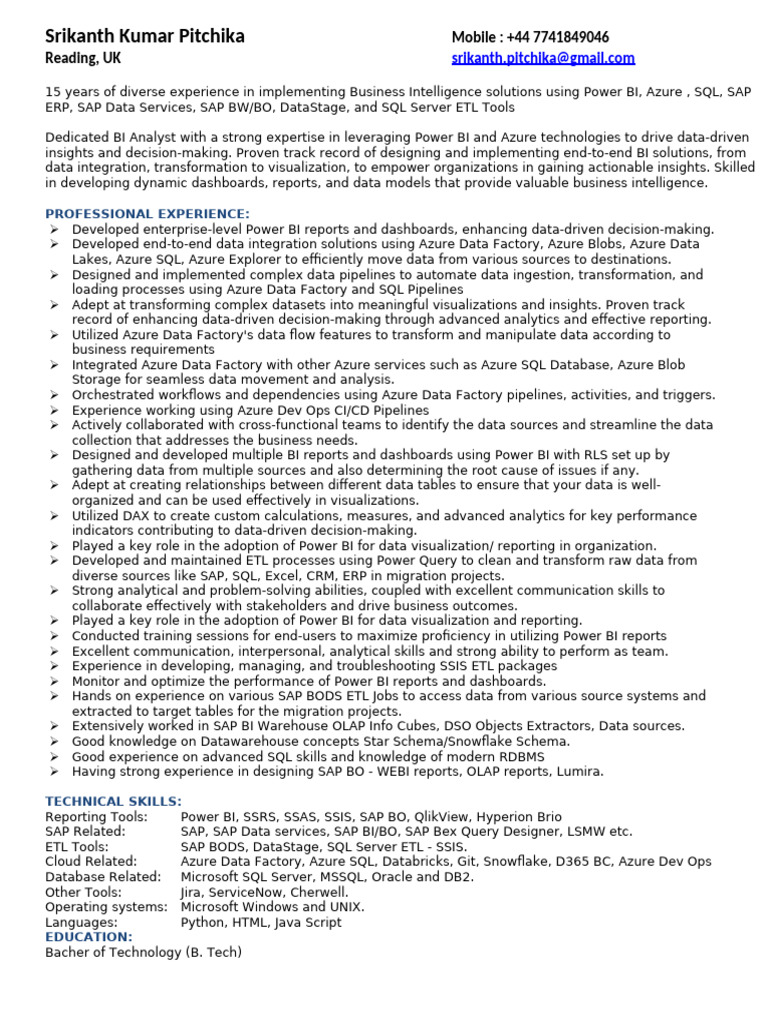 SrikanthPitchika DataAnalyst | PDF | Microsoft Sql Server | Microsoft Azure