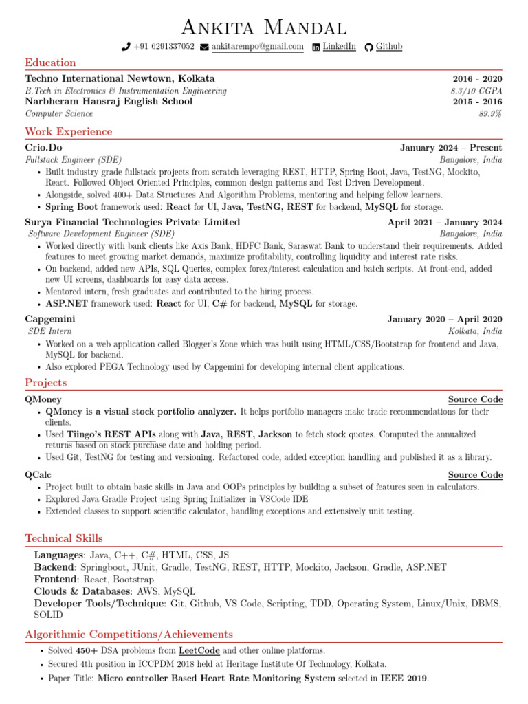 Naukri AnkitaMandal (3y 2m) | PDF | Java (Programming Language) | My Sql