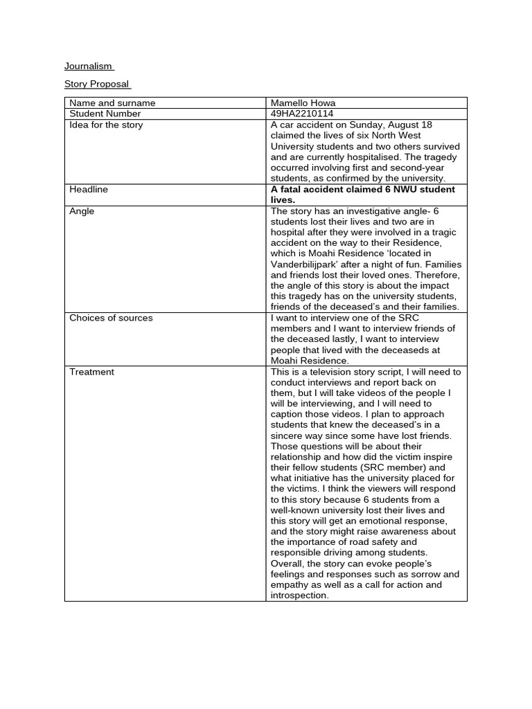 Journalism Story Proposal Template and Example | PDF | Psychology