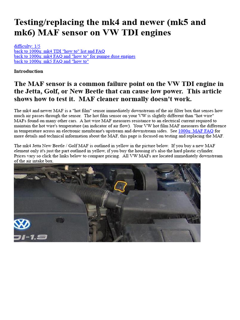 Testing VW TDI MAF Sensors | PDF | Volkswagen | Mechanical Engineering