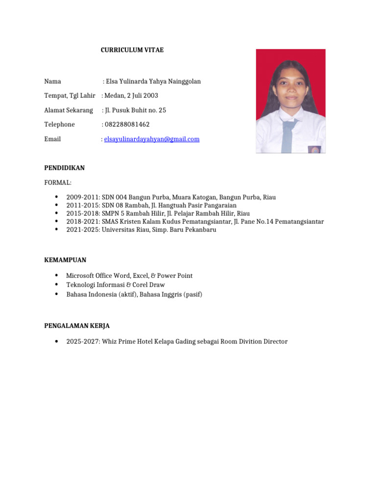 Curriculum Vitae Elsa Yulinarda 2025 | PDF