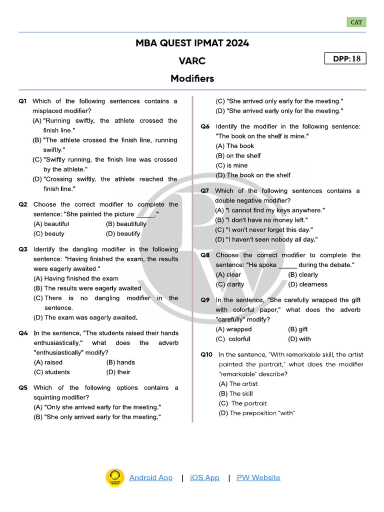 Grammar 18 _ Modifiers _ DPP 18 __ MasterQuest IPMAT 2024 | PDF
