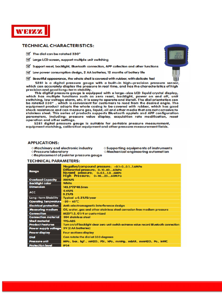 Ficha Tecnica Manometro Digital Weizz | PDF