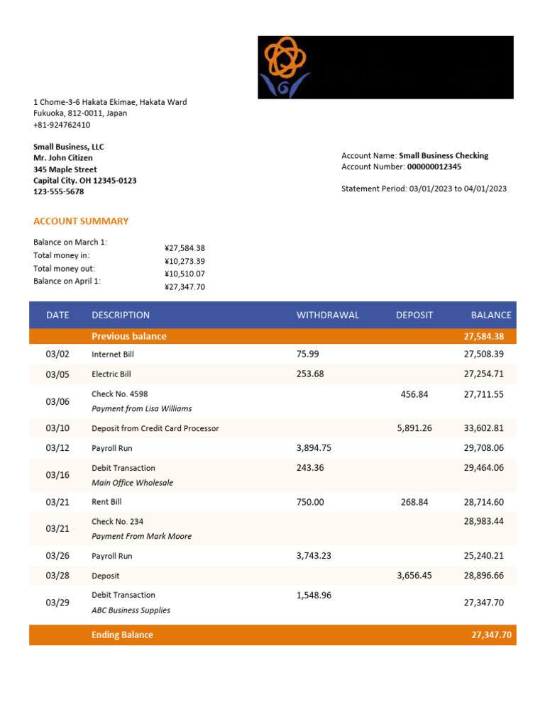 Nishi-Nippon City Bank Enterprise Account Statement Word and PDF ...