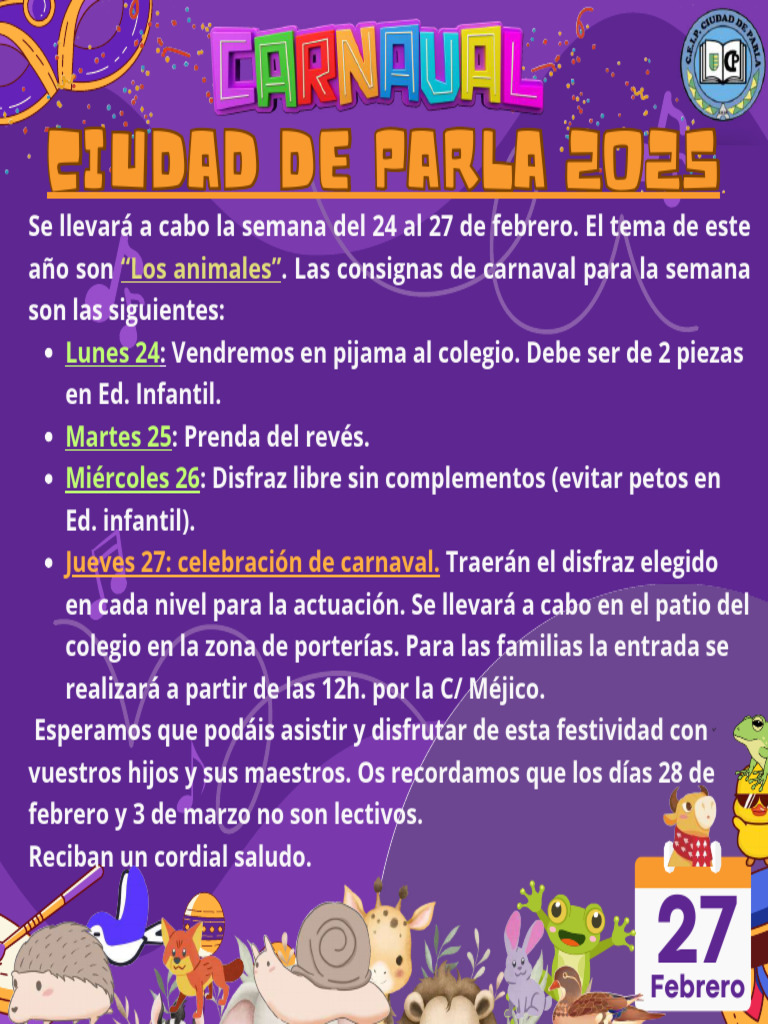 Carnaval Escolar 2025: Actividades y Fechas | PDF