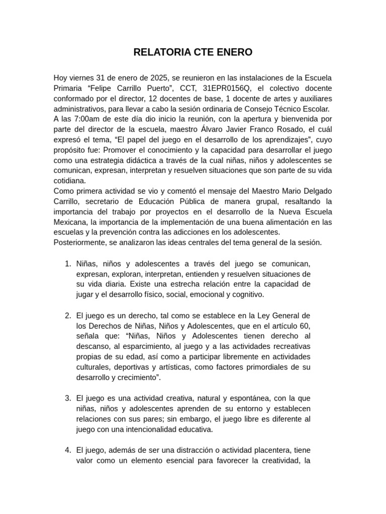 RELATORIA CTE ENERO | PDF | Aprendizaje | Las emociones