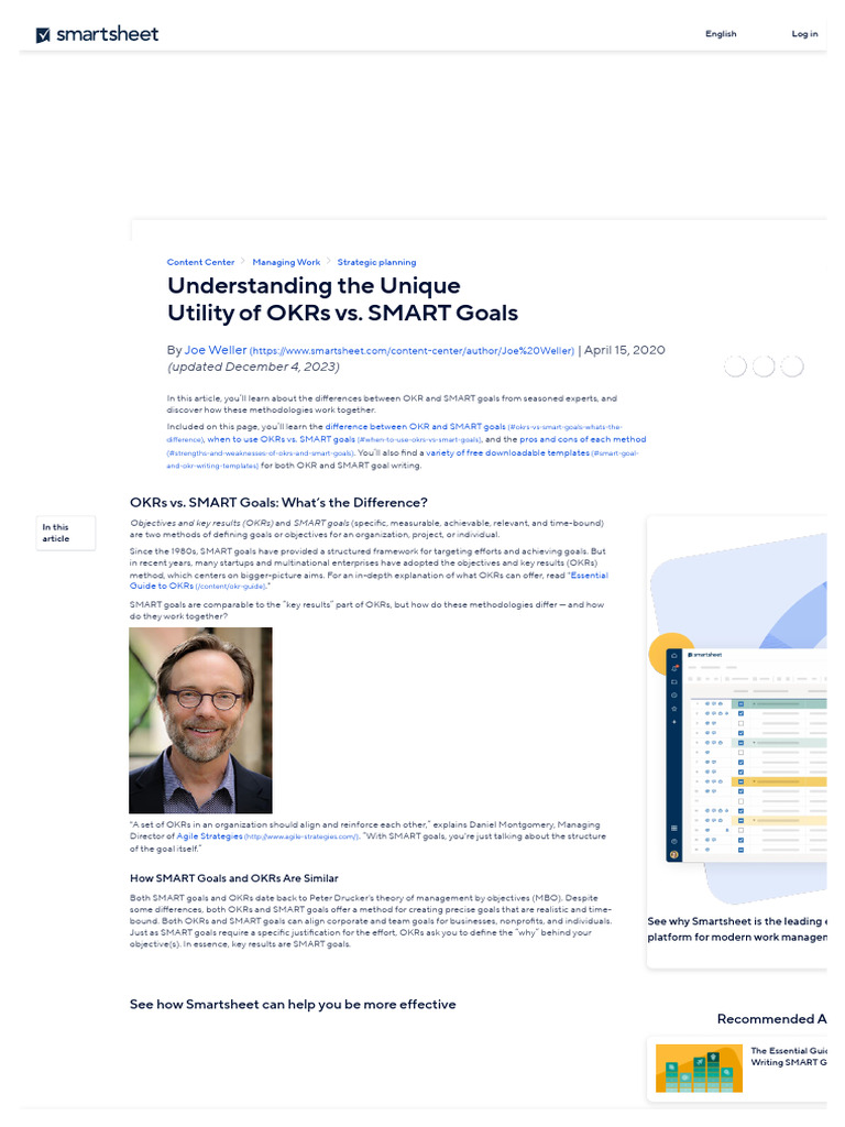 SMART Goals vs. OKRs _ Smartsheet | PDF | Goal | Performance Indicator
